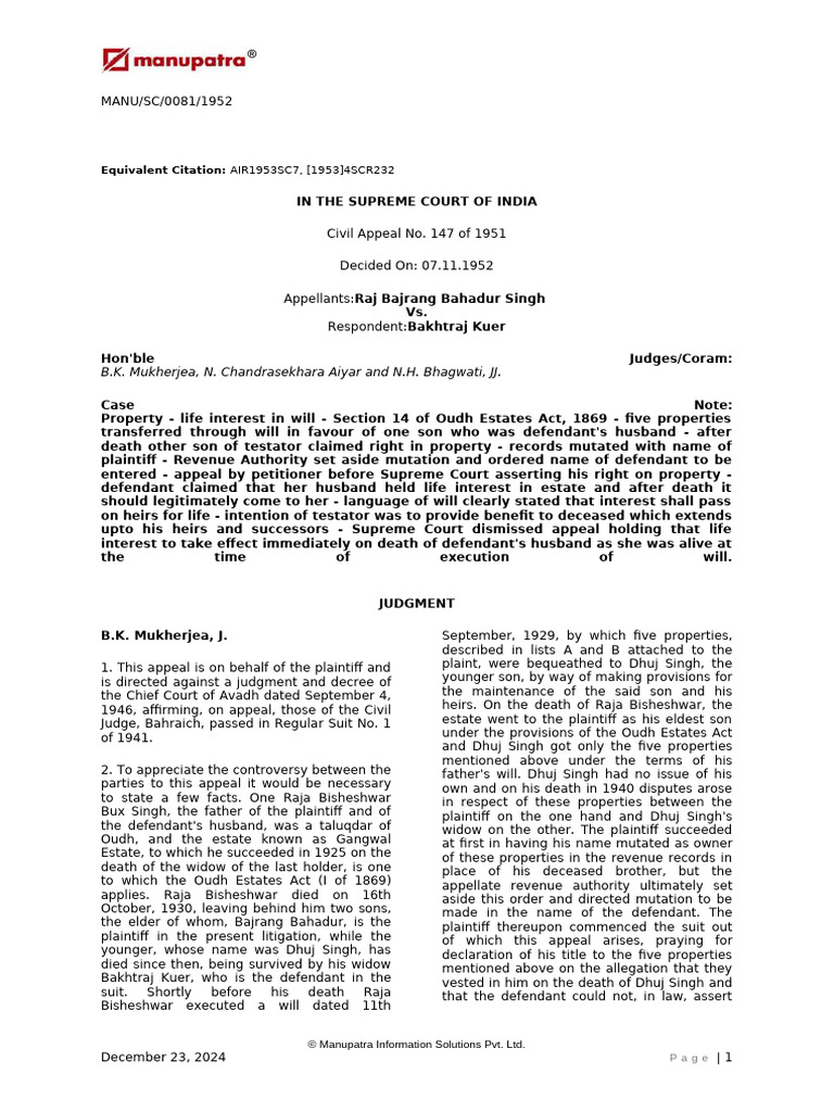 Oudh Estates Act: Bajrang Singh Case | PDF | Lawsuit | Inheritance