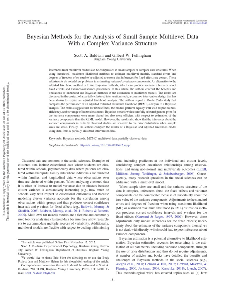 Bayesian Methods For The Analysis of Small Sample Multilevel Data With A Complex Variance ...