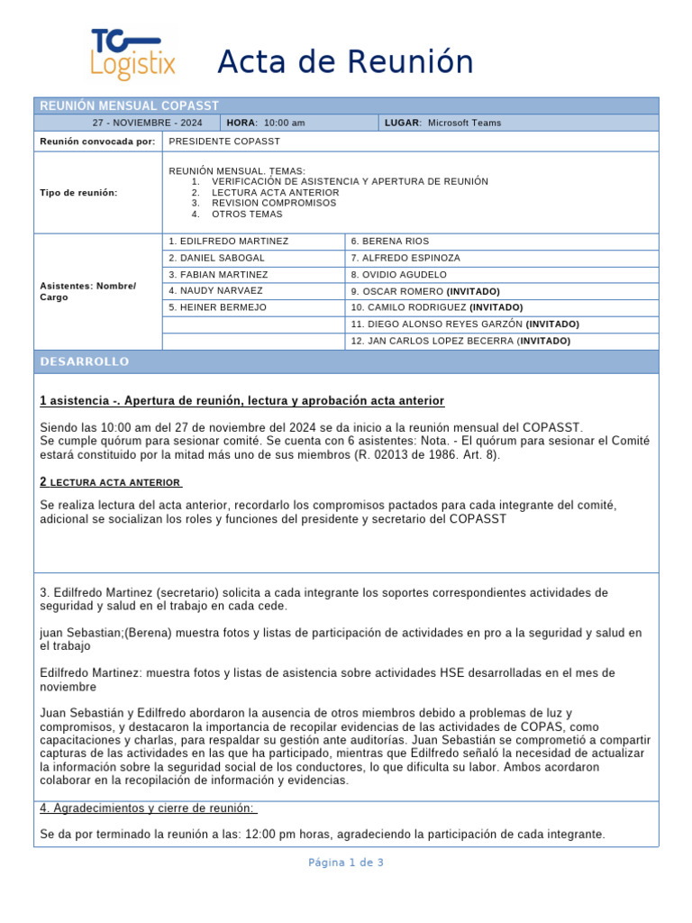 Acta Reunión Mensual COPASST Nov 2024 | PDF