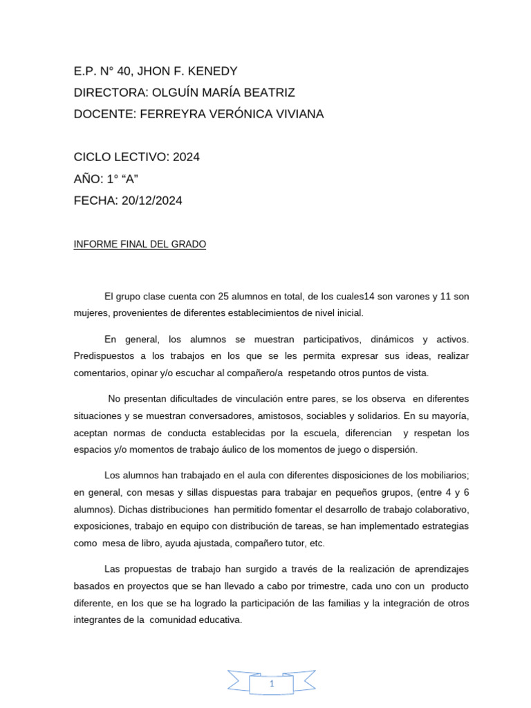 Informe Grupal Final 2024 | PDF | Comprensión lectora | Maestros