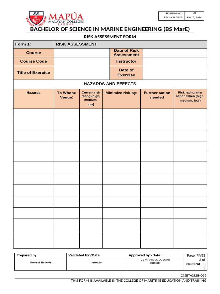 BSMARE Risk Assessment Form | PDF | Risk | Risk Assessment