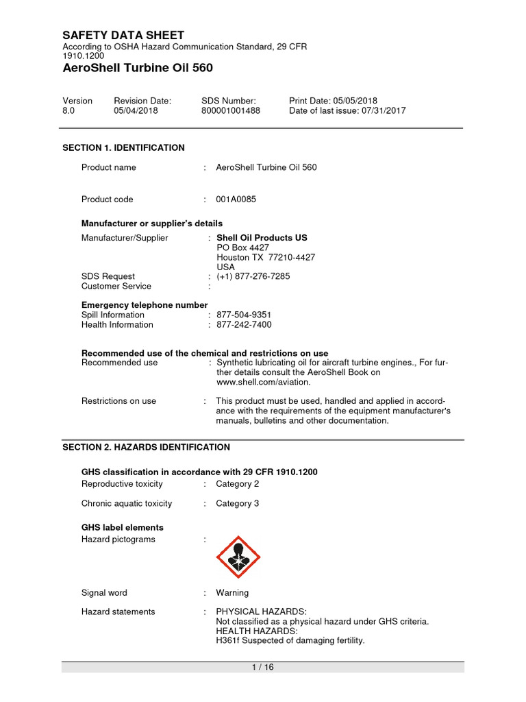 AeroShell Turbine Oil 560 SDS | PDF | Personal Protective Equipment ...