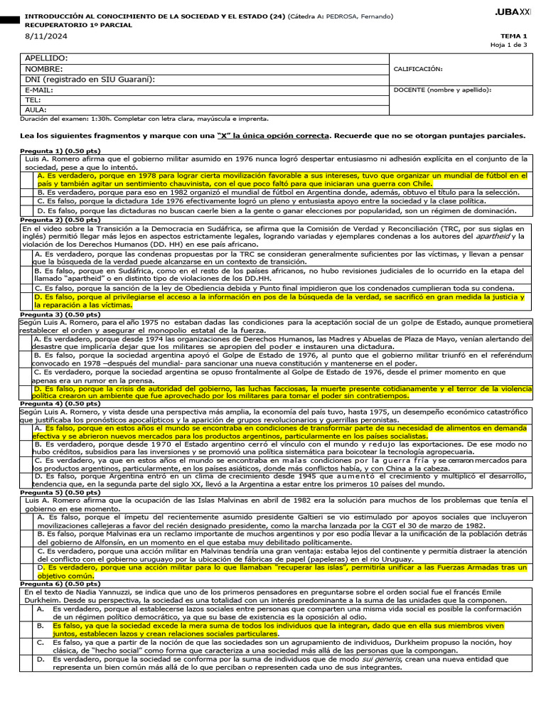 Recuperatorio Primer Parcial Tema 1 - Claves de Correccion | PDF | Democracia | Ideologías políticas