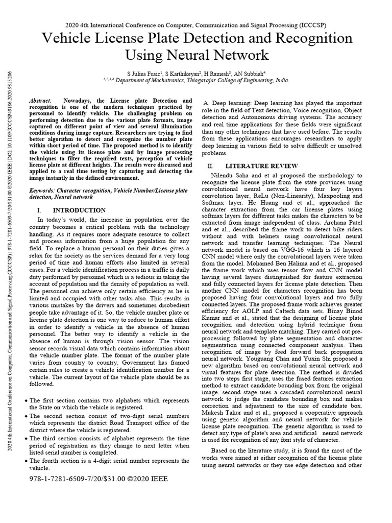 Vehicle License Plate Detection And Recognition Using Neural Network Pdf Artificial Neural