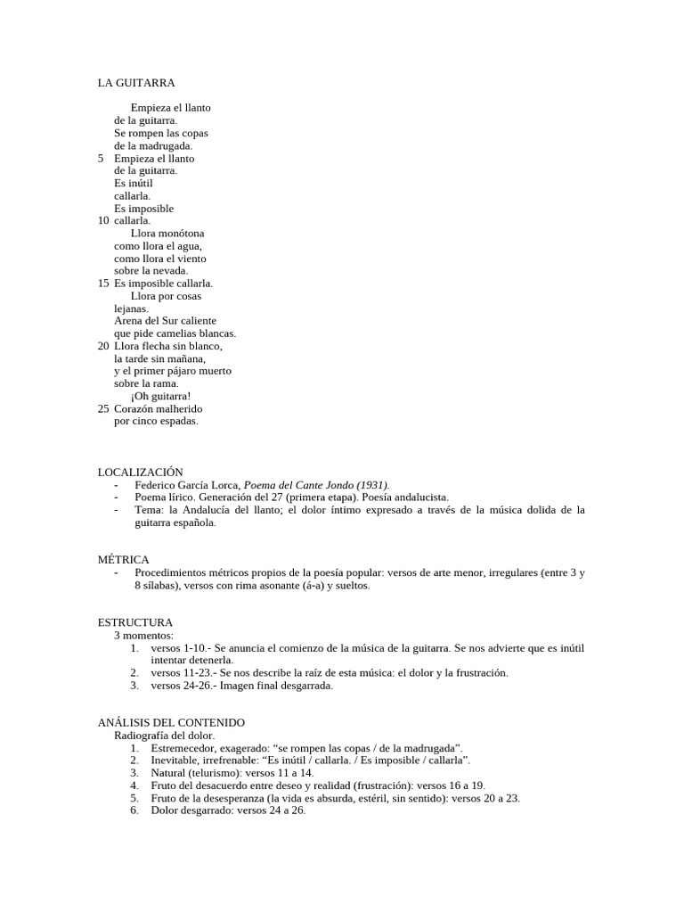 Lorca, 'La Guitarra' - Comentario | PDF | Federico García Lorca | Metro ...