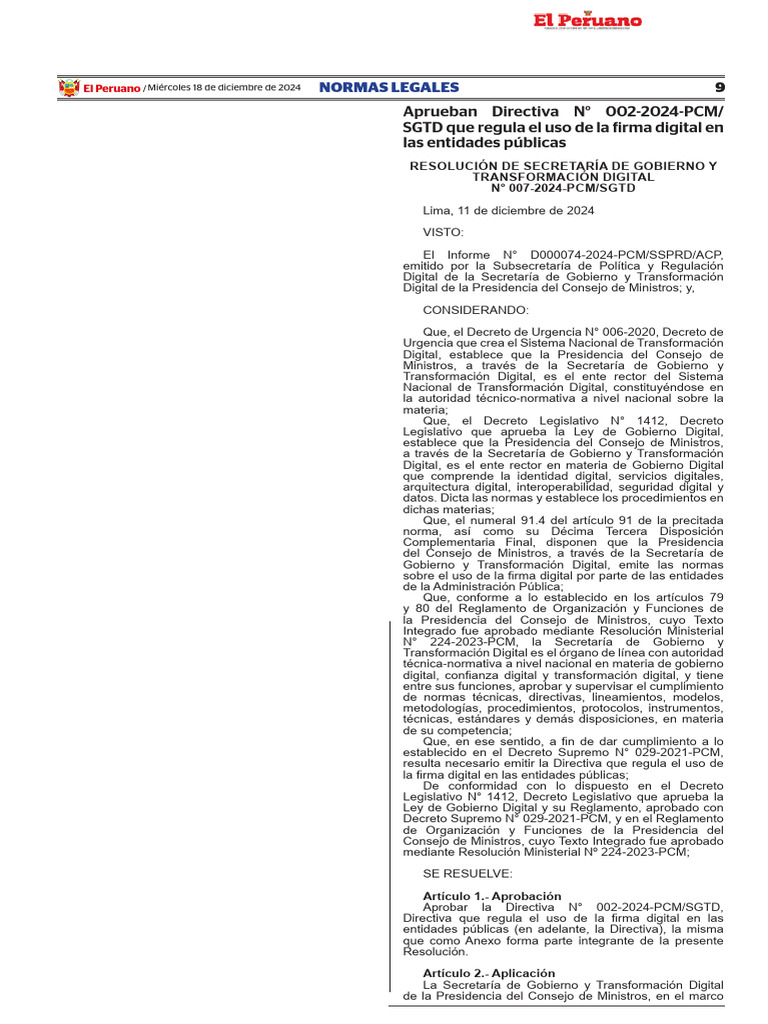 RSGTD 007-2024-PCM-SGTD Directiva #002-2024-PCM-SGTD Que Regula El Uso ...