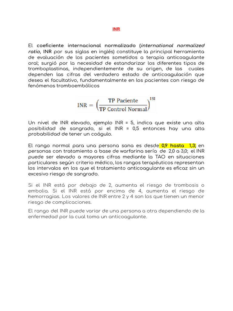 Coeficiente Internacional Normalizado (International Normalized Ratio, INR | PDF