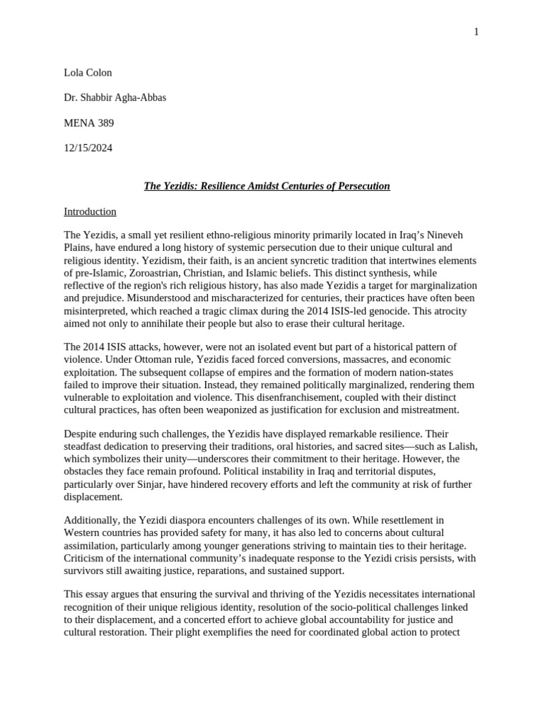 Final Paper Lola Colon RELI JUST MENA | PDF | Yazidis | Genocides