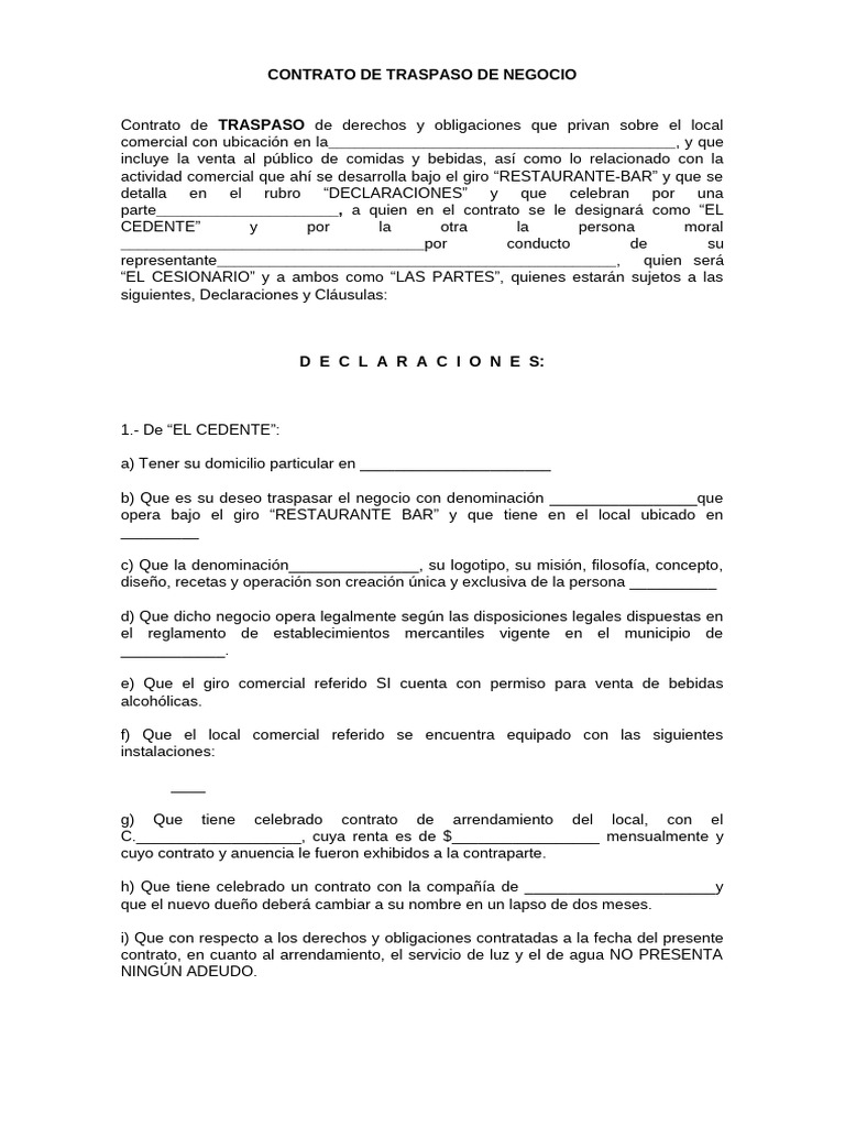 Contrato de Traspaso de Negocio Completo | PDF | Pagos