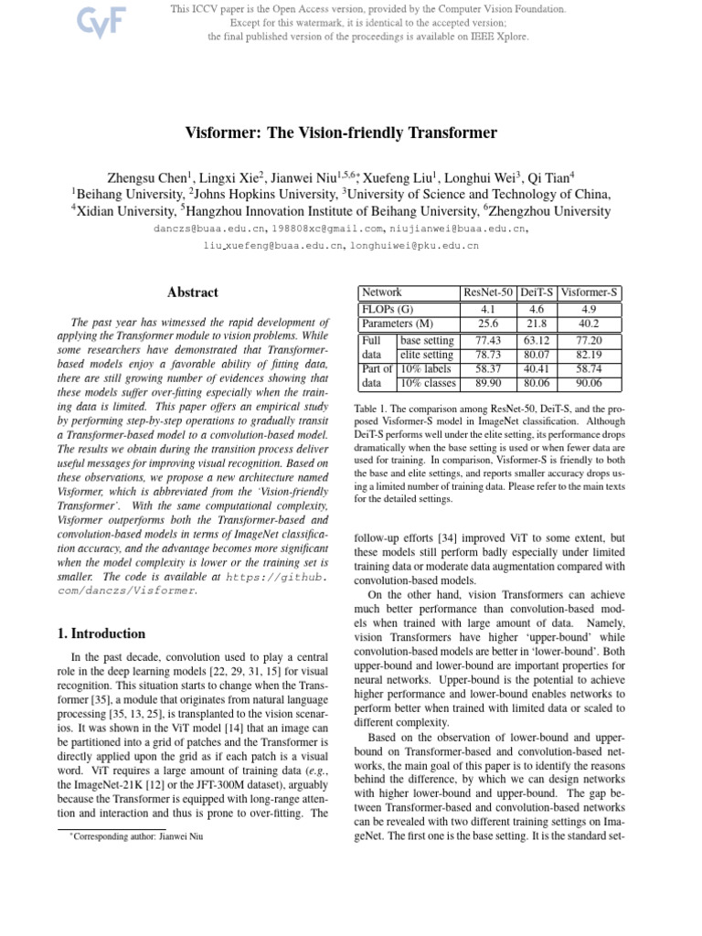 Chen Visformer The Vision-Friendly Transformer ICCV 2021 Paper | PDF | Computational ...
