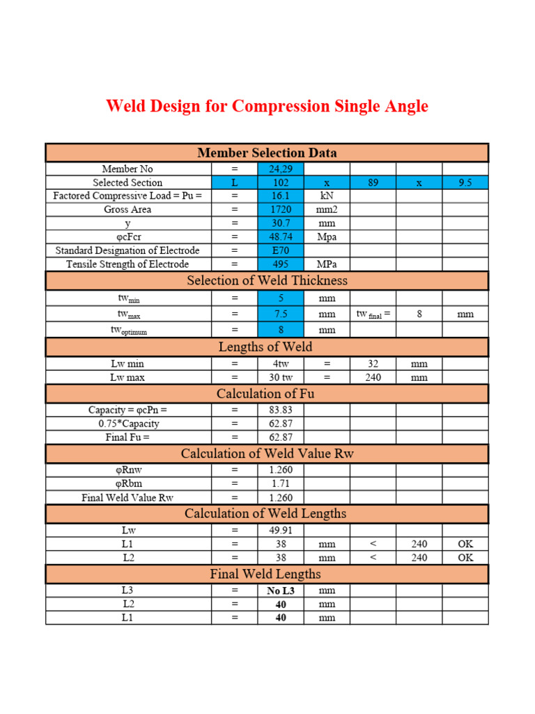 Weld Design For Compression Single Angle: Member Selection Data | PDF