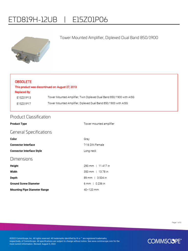 Andrew E15Z01P06 (ETD819H-12UB) TMA Spec Sheet | PDF | Decibel | Amplifier