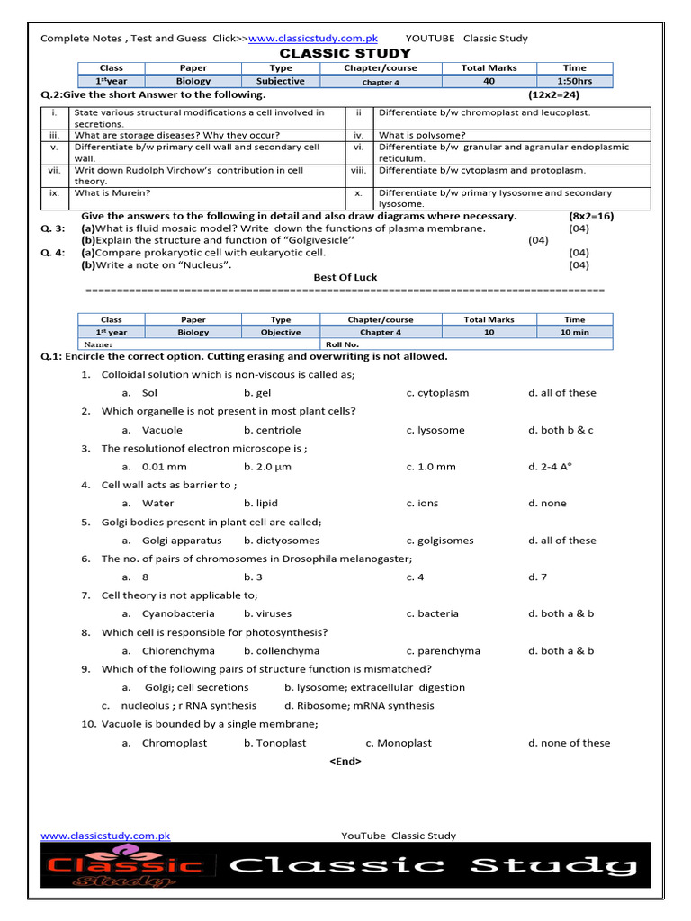 1st Year Bio CH 4 | PDF | Cell (Biology) | Vacuole