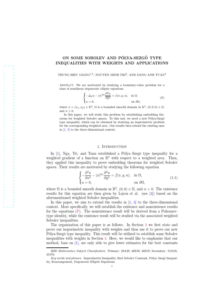 On Some Sobolev and Polya-Sezgo Type Inequalities With Weights and Applications | PDF ...
