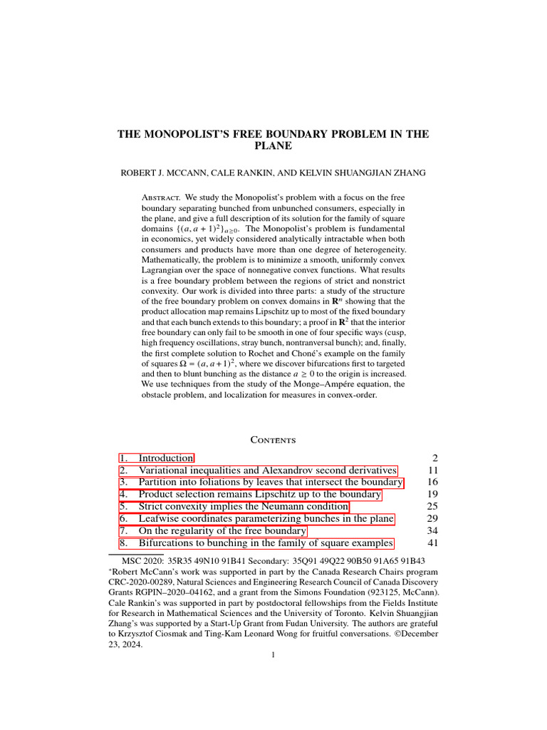 The monopolist's free boundary problem in the plane | PDF | Calculus Of ...