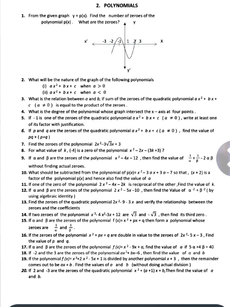 Important Questions for Polynomial | PDF | Mathematical Concepts | Mathematical Objects