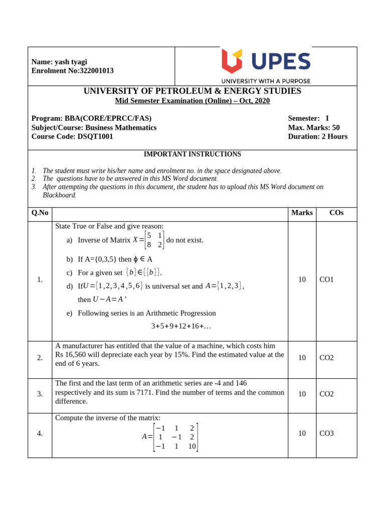 QP - BS - Mid Sem - BBA - SEM I Maths | PDF | Mathematical Analysis | Mathematical Objects
