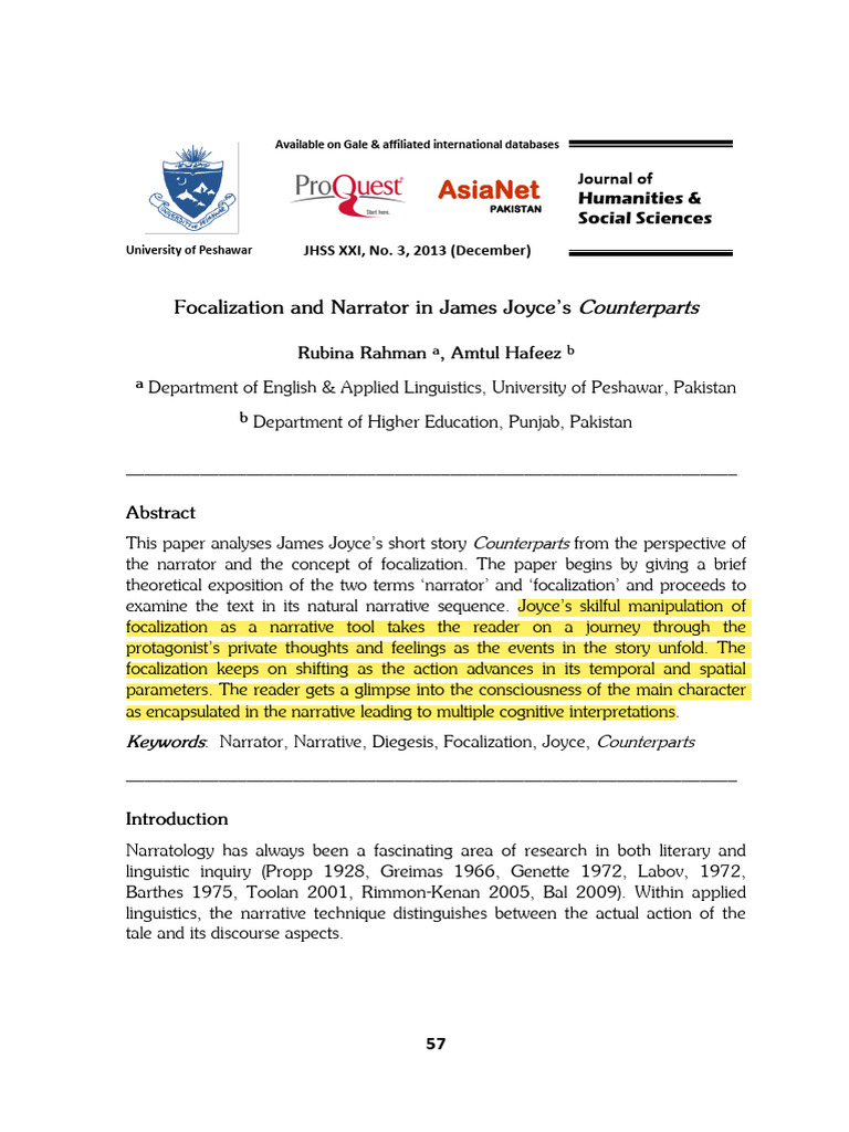 Focalization and Narrator in James Joyce's Counterparts | PDF ...