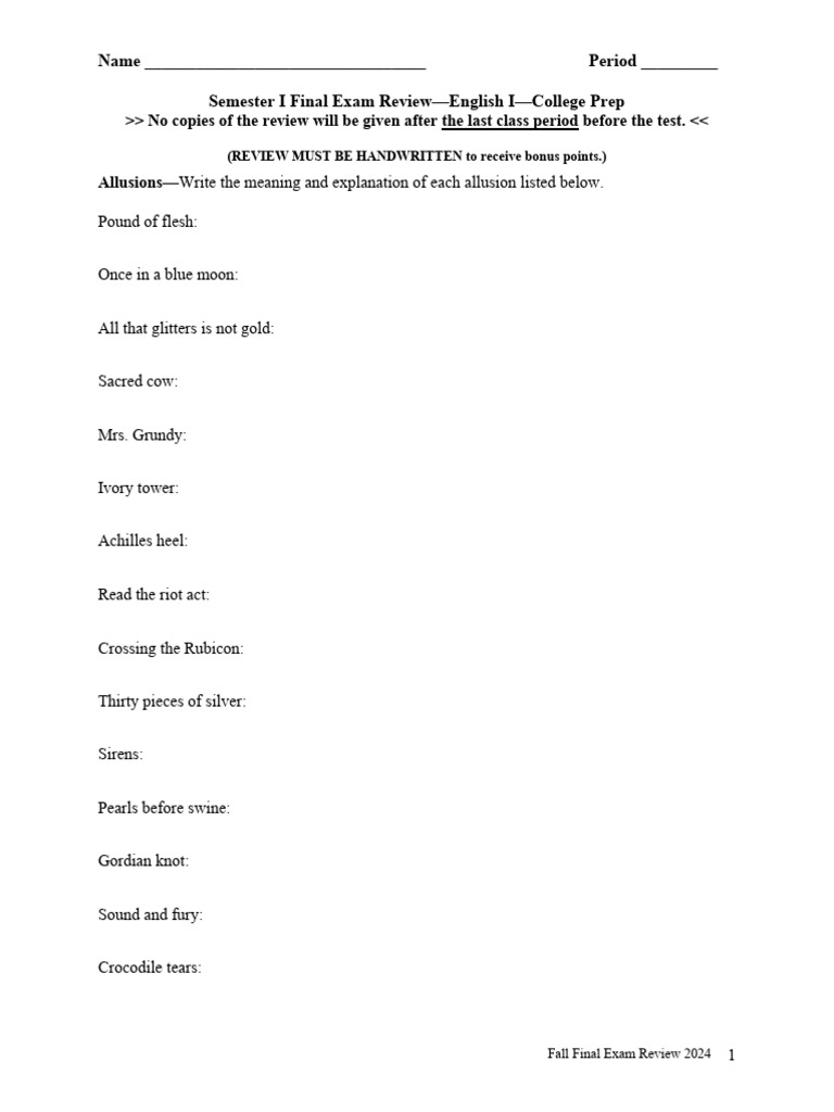 English I Fall Exam Review Fall 2024 | PDF | Tests | Qualifications