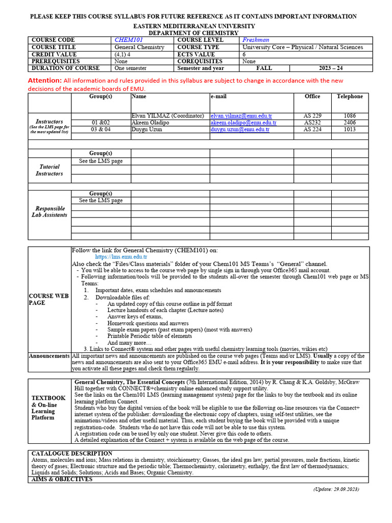 C101 - Course Outline 2023-24-Fall | PDF | Chemistry | Physical Chemistry