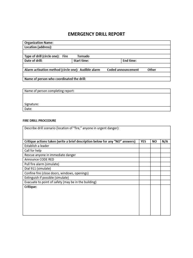 H14 Emergency Drill Report Template | PDF | Tornadoes | Severe Weather And Convection