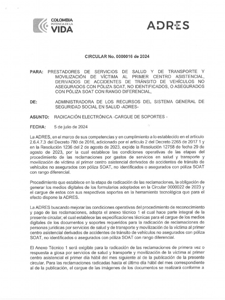 CIRCULAR 016 de 2024 adres | PDF