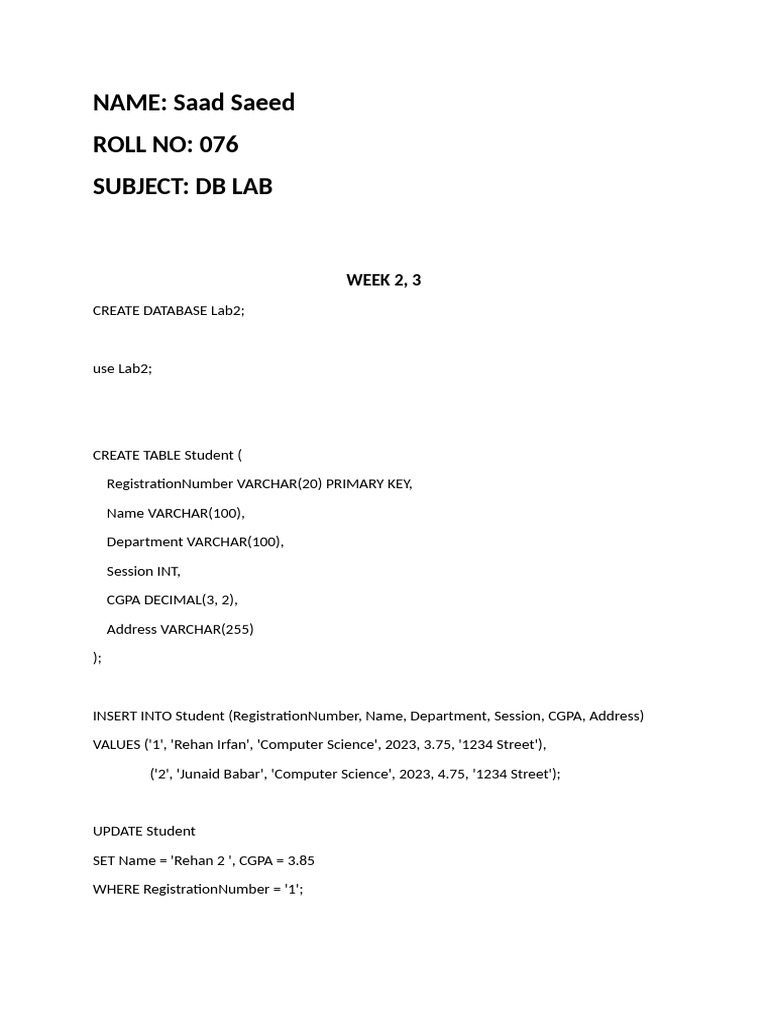 saad saeed 076 dblab manual | PDF | Databases | Data Management Software