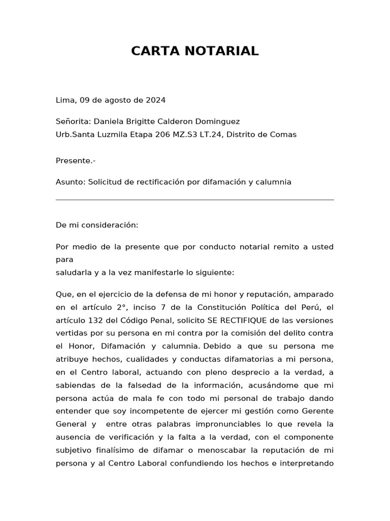 Carta Notarial: Rectificación por Difamación | PDF | Gobierno | Crímenes