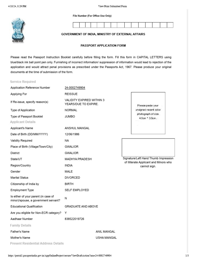 Passport Reissue Application Form | PDF | Passport | Government And ...