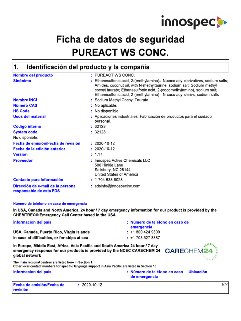 Pureact WS Conc SDS Spanish | PDF