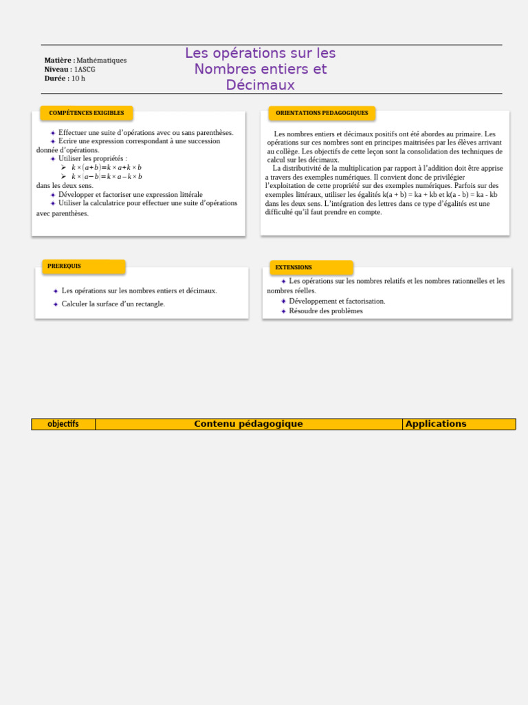 Opérations sur entiers et décimaux 1ASCG | PDF | Multiplication | Division