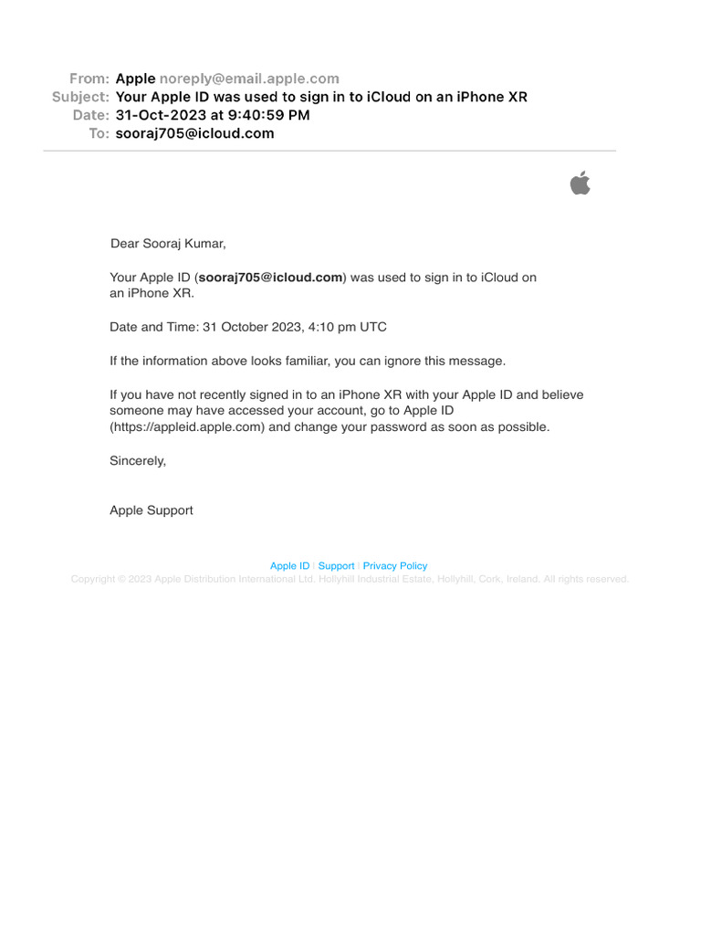 Your Apple ID Was Used To Sign in To ICloud On An Iphone XR | PDF