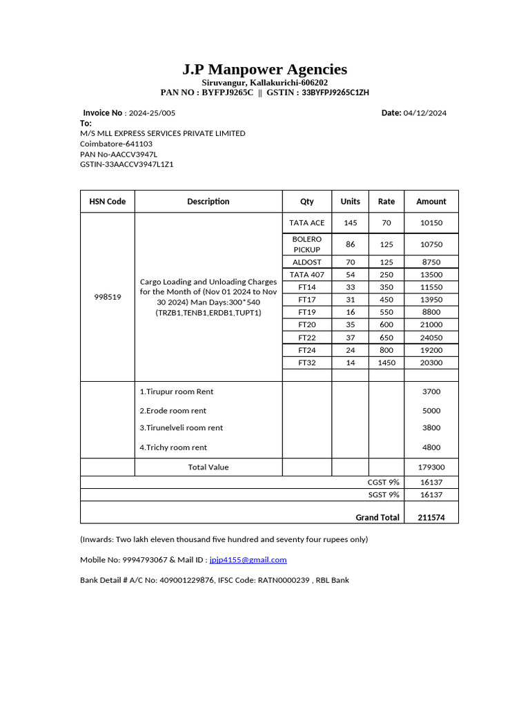 Invoice for Cargo Services - J.P Manpower | PDF