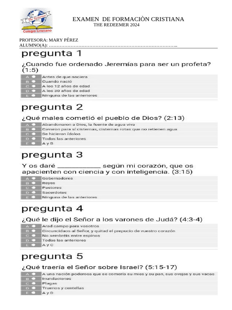 Examen de Formaciòn Cristiana | PDF