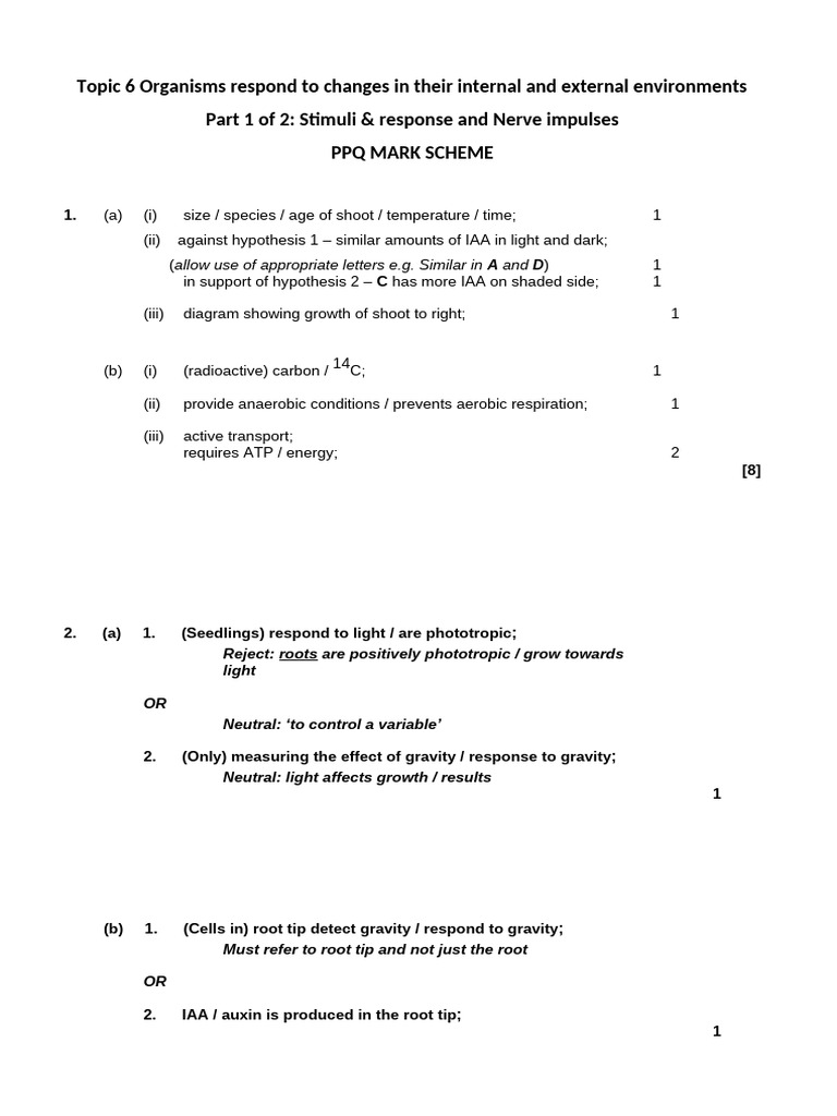 Topic 6 (Part 1 of 2) Mark Scheme 1 - 18 | PDF | Auxin | Retina