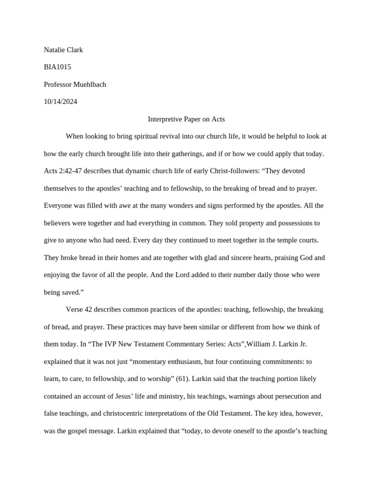 Interpretive Paper On Acts | PDF | Eucharist | Christian Church