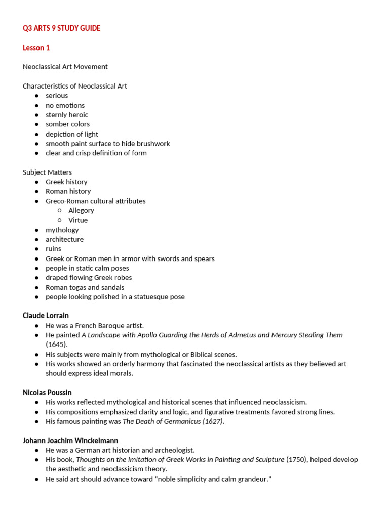 Neoclassical Art Study Guide | PDF | The Arts