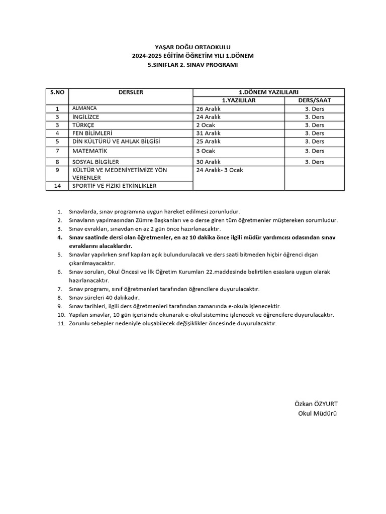 Sınav Takvimi 5. SINIF - | PDF