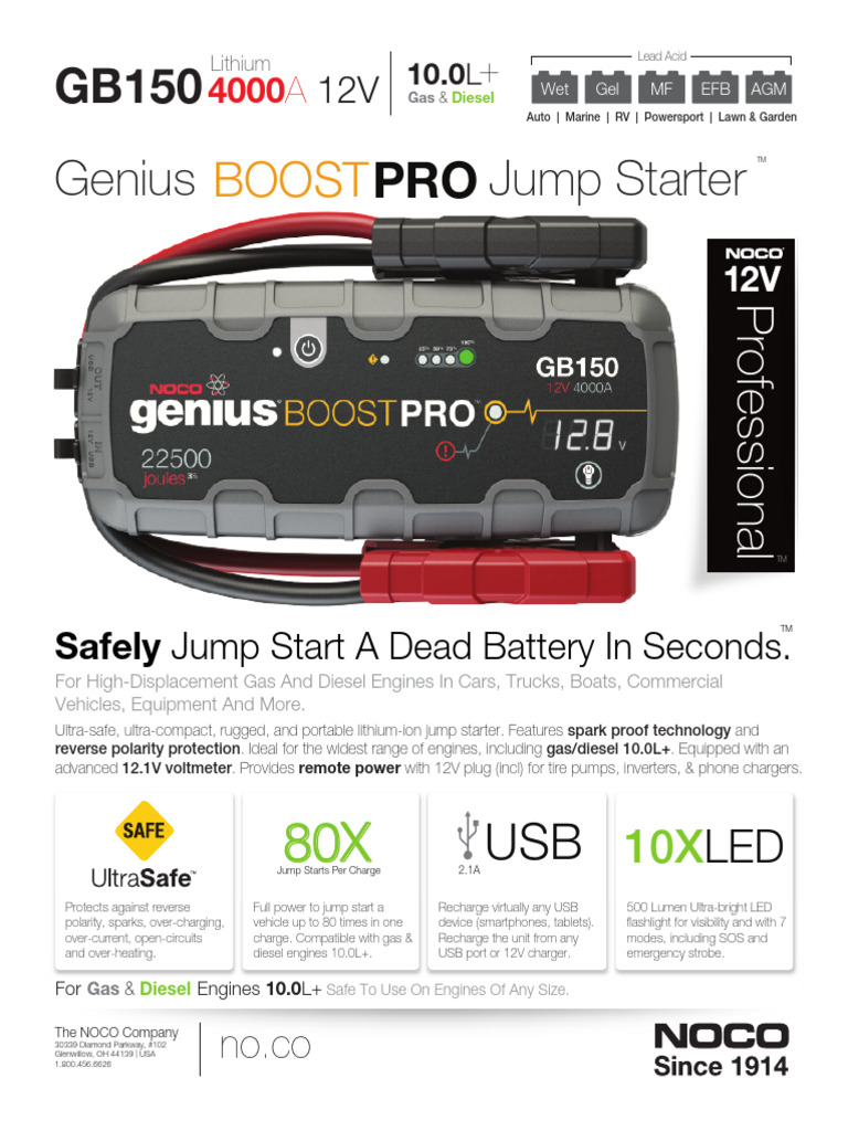 genius-boost-car-battery-jump-starter-sell-sheet-gb150 | PDF | Battery Charger | Rechargeable ...