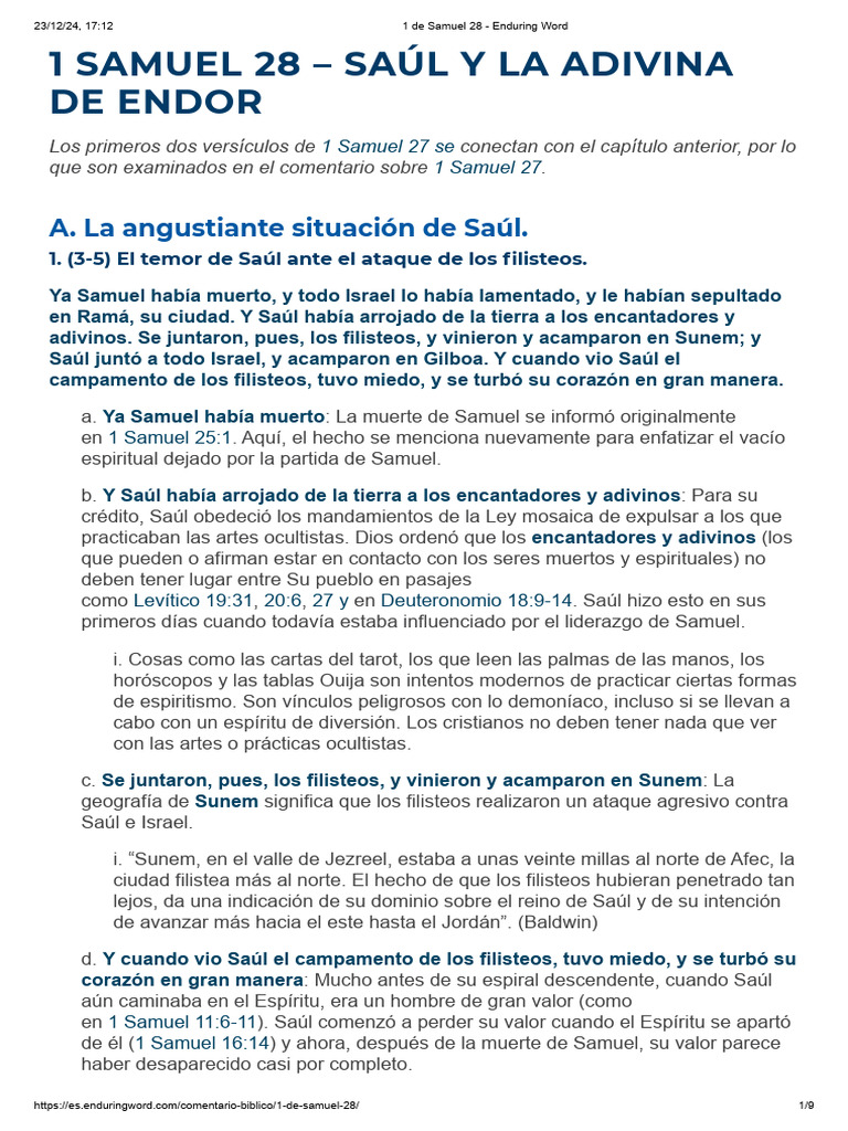 1 Samuel 28 – Saúl y La Adivina de Endor | PDF | Saulo | David