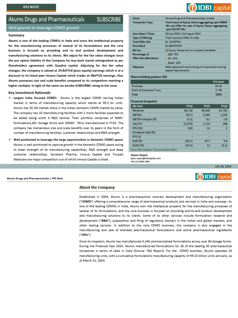 Akums - IPO Note - 29072024-30-July-2024-792747454 | PDF ...