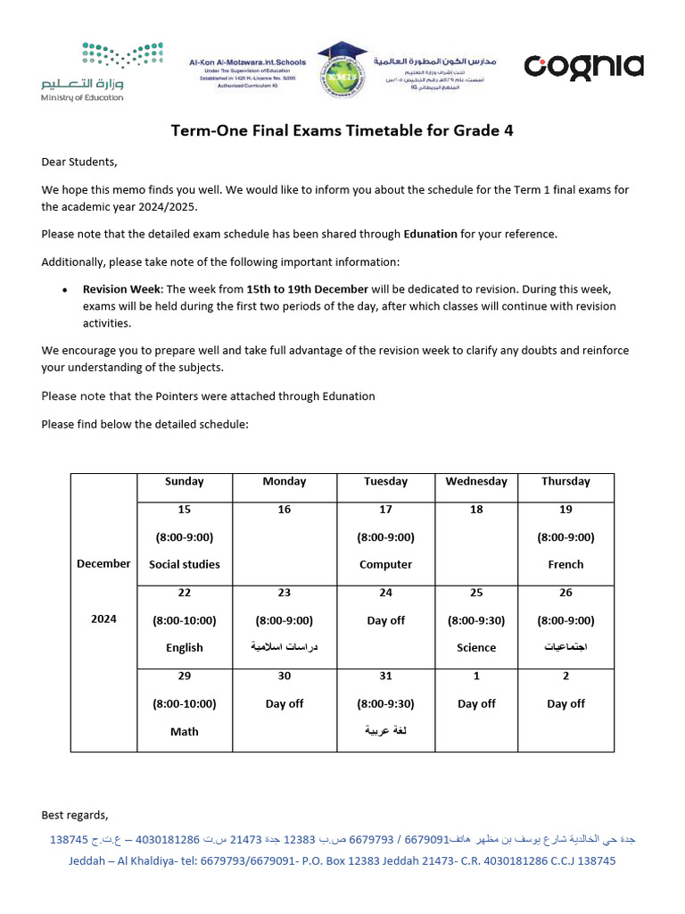 Term One Final Timetable GR4 | PDF