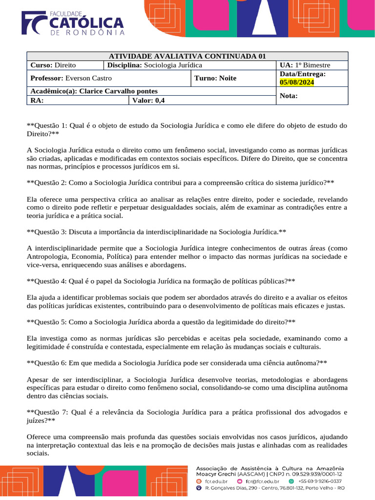 Atividade Avaliativa Continuada 01 UA Aluno | PDF | Sociologia | Interdisciplinaridade