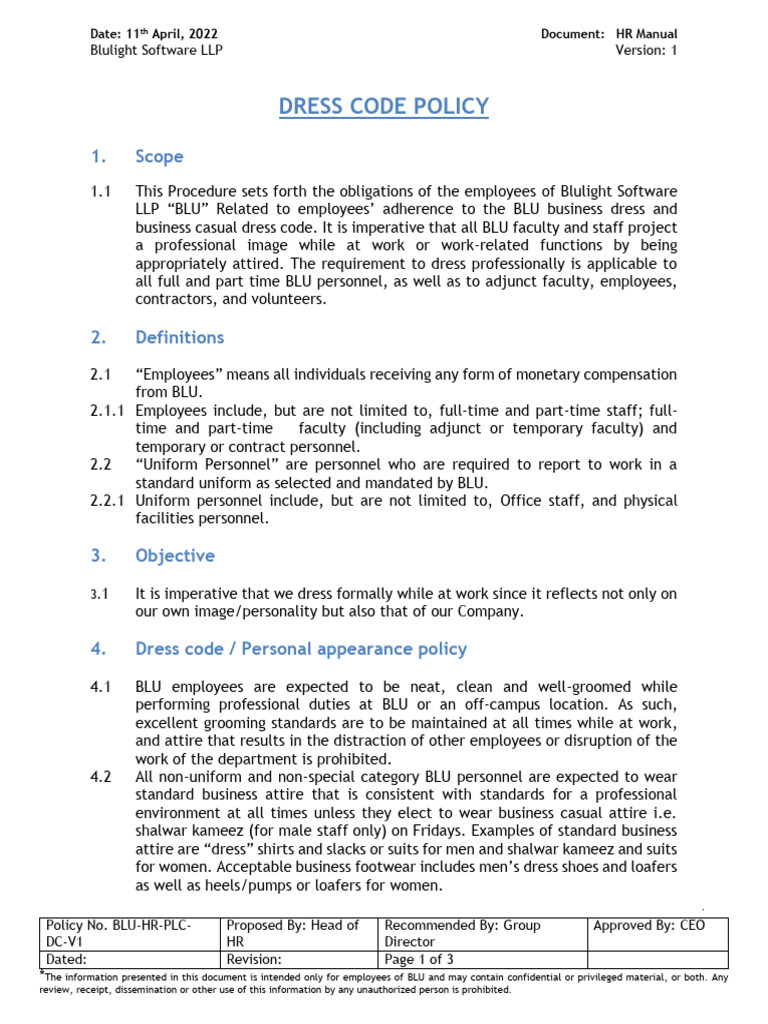 BLU Dress Code Policy | PDF | Clothing | Employment