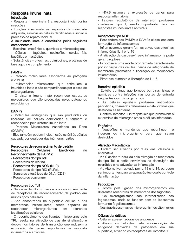 Resposta Imune Inata Resumo | PDF | Sistema imunológico | Fagócito