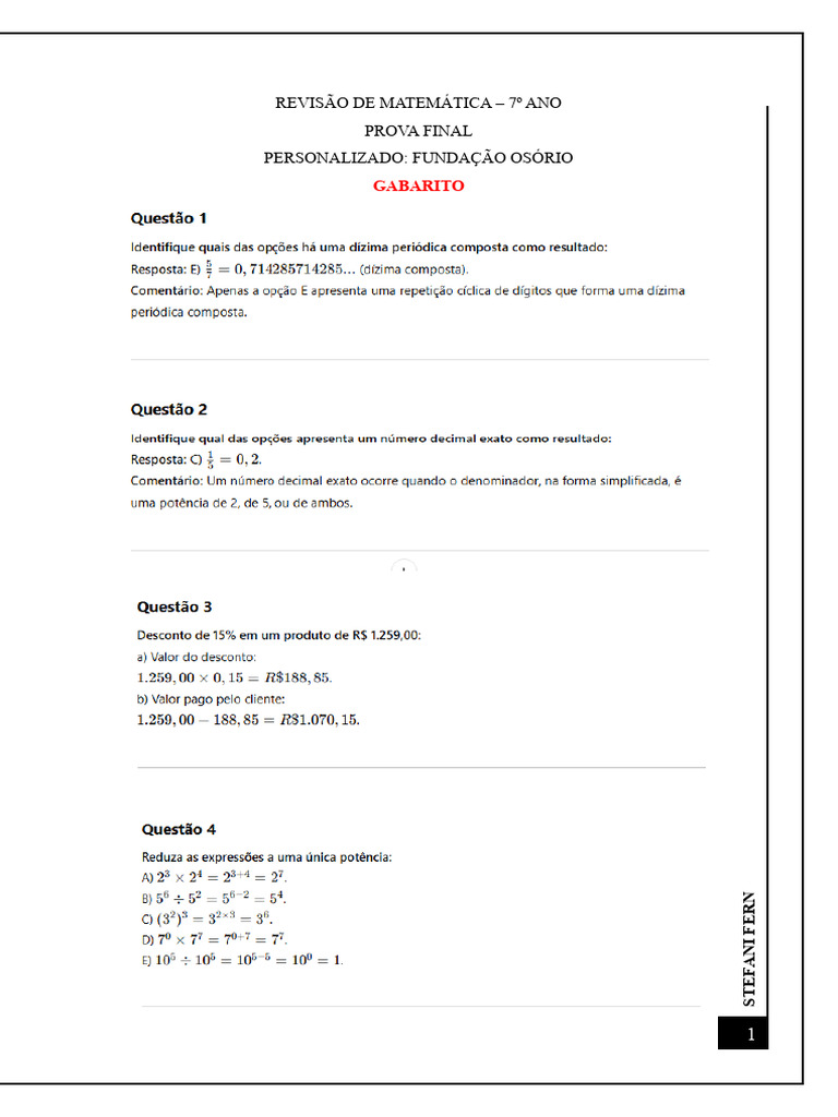 Gabarito MatemÁtica 7º Ano Prova Final FundaÇÃo OsÓrio Pdf 4885