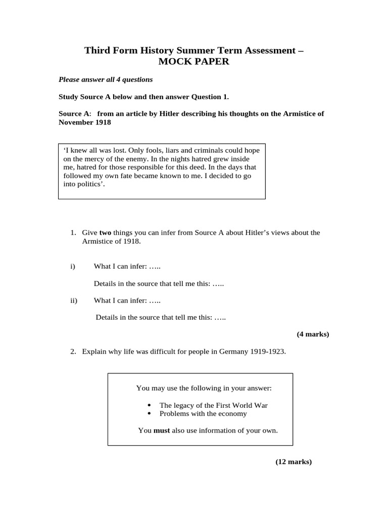 Year 9 History First World War Practice | PDF