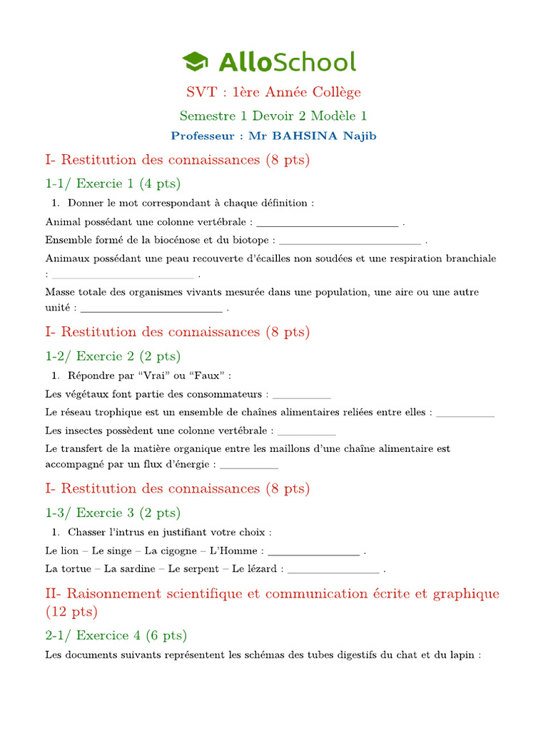 SVT 1ac Semestre 1 Devoir 2 Modele 1 2 | PDF