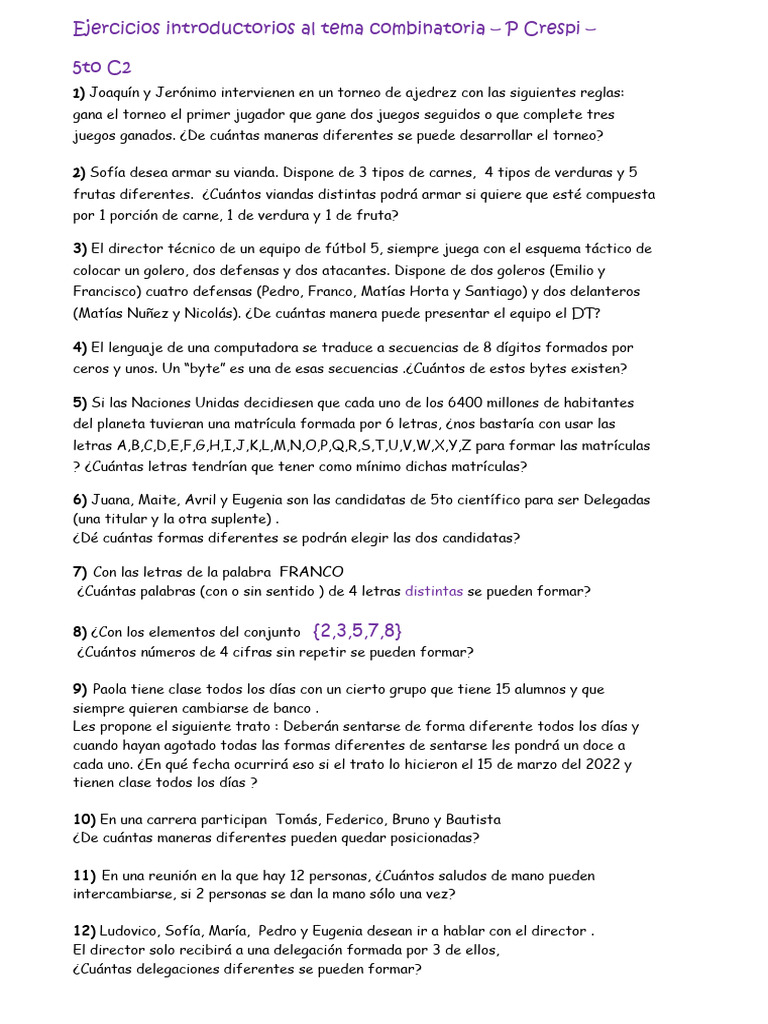 5to C2 Ejs Introductorios Al Tema Combinatoria 2024 | PDF