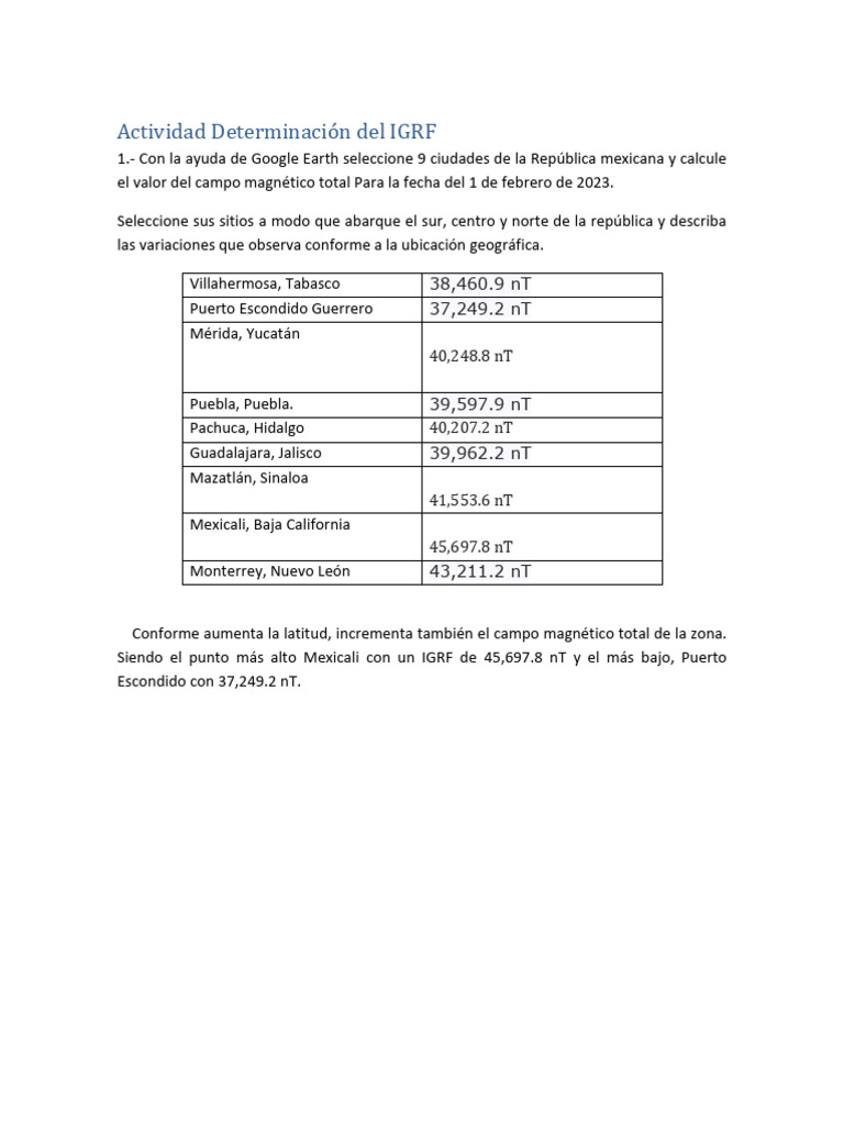 Actividad Determinación del IGRF | PDF